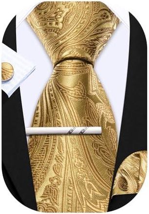 Barry.Wang Or Soie Cravate pour Hommes Jaune Paisley Cravate Boutons de manchette Poche Ensemble