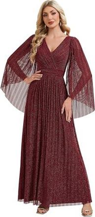 Ever-pretty Robe pour Mariage Invit&eacute; Longue Femme Col V Mousseline A Line Manches Courtes Pliss&eacute; Chic Bordeaux 40