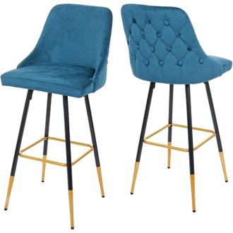 Hhg 2x tabouret de bar 665, chaise de bar/comptoir, design r&eacute;tro, velours, haubans/pieds dor&eacute;s, p&eacute;trole