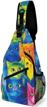 Generic Durable Sacoche Bandouliere Art de chats colorés Sac De Poitrine Multifonction,Casual Sac DEpaule pour Homme Femme Randonnée