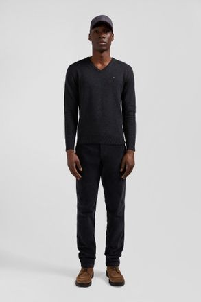 Eden Park Pull Col V En Laine Et Coton Gris Anthracite Demi-lune Cercl&eacute;e Coupe Regular