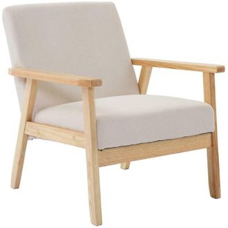 Sweeek Fauteuil vintage / scandinave structure en bois et contreplaqué et assise en velours côtelé coloris blanc crème