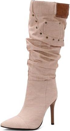 Generic Bottes Hautes Talon Aiguille Femme Bout Pointu Effet Denim Décor Clous Style Décontracté Multicolore Beige Noir Gris Rétro Soirée Fête Tenue Casual Bu