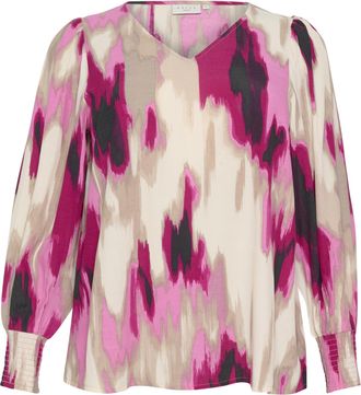 Kaffe Curve Kaffe Curve Damen Plus Size Womens V-Ausschnitt und Langen &Auml;rmeln, Casual Fit Ruchings Bluse, Pink Abstract Print, 42/Grande Taille