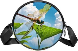 Generic Sac &agrave; bandouli&egrave;re rond pour femme, motif libellule avec fermeture &eacute;clair et bretelles r&eacute;glables