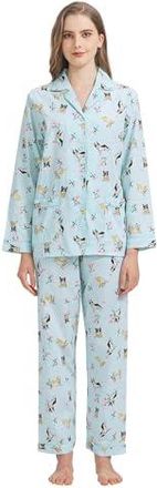 Global Ensembles de Pyjama pour Femme 100% Coton Vêtements de Nuit Manches Longues Boutonné Pantalon Taille élastiquée Cordon de Serrage,Vert, Chiot,XL