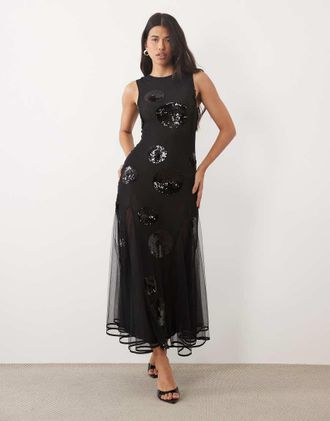 Asos robe longue noire orn&eacute;e de sequins &agrave; pois