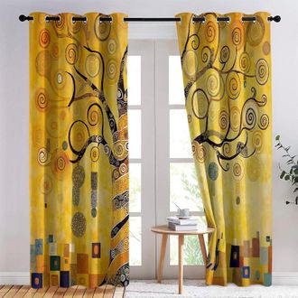Generic Bedruckte Vorh&auml;nge Klimt Lebensbaum Der Linien Muster Blickdicht Vorhang Gelb mit &Ouml;sen Gardinen Deko &Ouml;senvorhang Dekoschal Dekogardinen f&uuml;r Schlafzimm