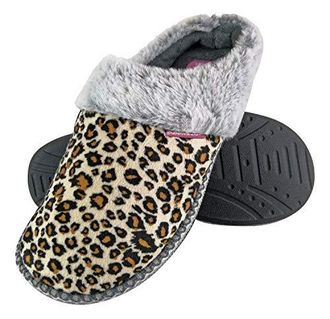 Dunlop Dunlop - Femme Chaudes Peluche Doux Eponge Memory Foam Mule Chausson Pantoufles (39 EU, Leopard)