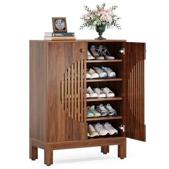 Tribesigns Meuble &agrave; chaussures &agrave; 5 niveaux avec portes rondes &agrave; persiennes, 20 paires darmoires de rangement &agrave; chaussures de ferme avec &eacute;tag&egrave;res r&eacute;glables, organ