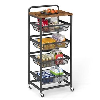 Vasagle Chariot de Rangement à 5 Niveaux, avec Paniers Extractibles, Étagère de Cuisine avec roulettes, avec Poignée, 31,7 x 40 x 95 cm, Marron Rustique et No