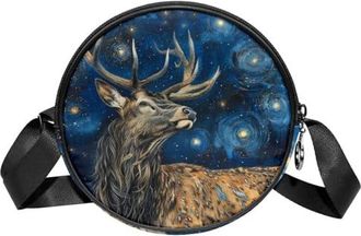 Generic Petit sac &agrave; bandouli&egrave;re rond pour femme, motif cerf, &eacute;toil&eacute;, avec fermeture &eacute;clair, bretelles r&eacute;glables, sac &agrave; main rond d&eacute;contract&eacute; pour femmes et fi