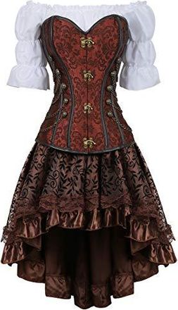 Grebrafan Steampunk Corset Brocart Fête Costume Bustiers et Jupe und Chemisier Blanc (EUR(48-50) 6XL, Marron)