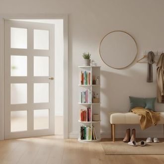 Furniture R Moderner drehbarer Flur-Organizer, 40x40x128cm, Weißes Rundregal mit 5 Ebenen, Platzsparendes Bücherregal für Eingangsbereich