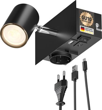 LEDs Com Wandspot WAIKA, 1-flammig, schwarz, Steckdose, USB-C, USB-A, inkl. LED GU10 Lampe 410lm, 45&deg;, warmwei&szlig;