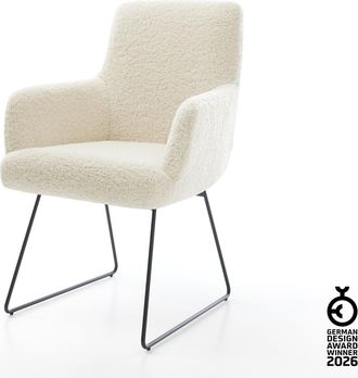 DELIFE Esszimmerstuhl Heira-Flex mit Armlehnen Teddystoff Beige Kufengestell Schwarz Taschenfederkern, Esszimmerst&uuml;hle