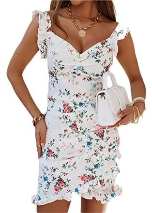 Onsoyours Robe Femme Élégant Imprimé Floral Robe Col V Sexy sans Manches Manches Longues Mini Robe Lâche Moulante Chic Robe De Soirée Cocktail Été A Blanc01 M