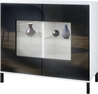 Vladon Kommode Grömitz V3, Moderner Küchenschrank mit 2 großen Glastüren inkl. RGB Beleuchtung Weiß matt/Schwarz Hochglanz (92,5 x 83.5 x 35)