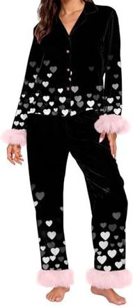 Generic Ensemble de pyjama 2 pi&egrave;ces en satin de soie pour femme avec bordure en plumes, chemise boutonn&eacute;e, pantalon de d&eacute;tente, ensemble de pyjama 2 pi&egrave;ces av