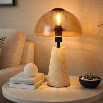 Globo Lighting Lampe de table en pierre de travertin Lampe de chevet verre ambre Lampe dappoint grise, m&eacute;tal, 1x douille E14, DxH 20x31 cm