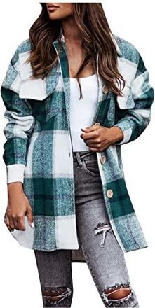 Generic 2026 Vestes chaudes pour femmes - Manteau chaud &agrave; imprim&eacute; &eacute;cossais - Revers dhiver - Manches longues - Grande taille, bleu, XL