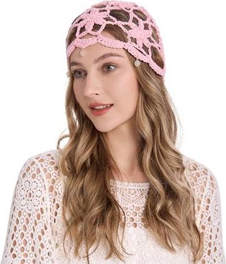 ZLYC Bonnet en Coton crocheté pour Femme, Perles Roses, Taille Unique