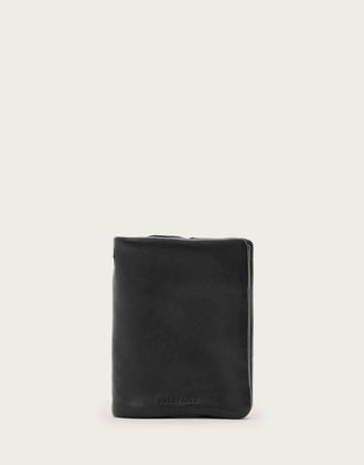 AllSaints Luka portefeuille bifold en cuir &agrave; oeillets noir d&eacute;lav&eacute;