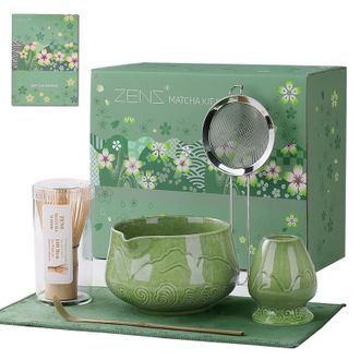 Zens Matcha Set mit Matchabesen, Japanisches Matcha-Teeservice mit Matcha Schale, Besenhalter, Matcha-Pulversieb und L&ouml;ffel & Teetuch f&uuml;r Matcha-Latte,Gesc
