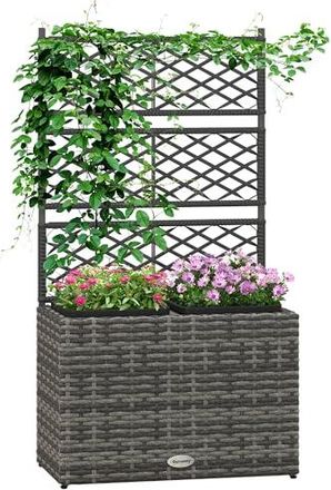 OUTSUNNY Pot de Fleurs de Jardin en rotin synthétique avec Treillis, lit de Fleurs surélevé sur Pied avec Deux bacs à Plantes pour Jardin, Plantes grimpantes, 