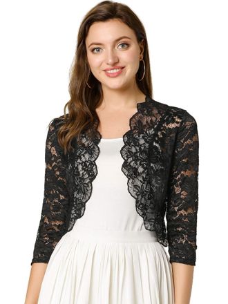 Allegra K Damen Spitzen Festlich Bolero 3/4 &Auml;rmel Hochzeit Strickjacke Vorne Offen Crop Cardigan Shrug Schwarz 3XL