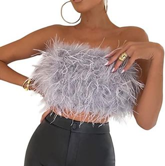 ORANDESIGNE Femme Artificial Feather Bustier Corset Vest Top sans Bretelles Fluffy Haut Dos Nu Slim Fit Tube Tops Sexy Party Clubwear A Gris L