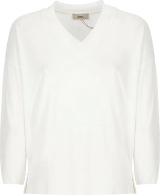 Herno Femme, Pulls, Blanc, Taille: 38 FR Pull Blanc Col V en M&eacute;lange de Coton