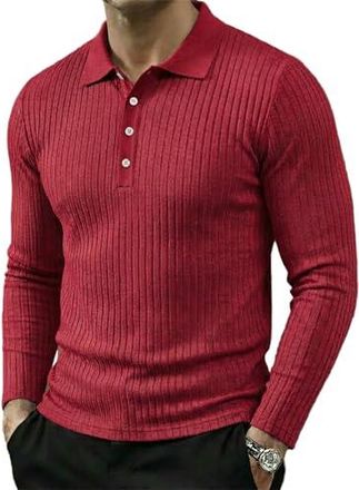 Generic Polo &agrave; manches longues pour homme - Coupe ajust&eacute;e - Chemises dentra&icirc;nement tendance et d&eacute;contract&eacute;es, Rouge, 3XL