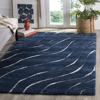 Safavieh Zottelig Teppich f&uuml;r Wohnzimmer, Esszimmer, Schlafzimmer - Florida Shag Collection, Hoher Flor, Dunkelblau und Creme, 160 X 229 cm