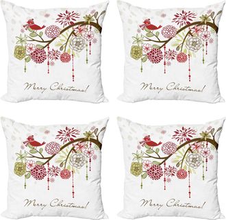 Abakuhaus Weihnachten Dekokissen Kissenbezug 4er Pack, Roter Vogel Blumenbaum, Modern Accent Doppelseitiger Digitaldruck, 40 x 40 cm, Gr&uuml;n Wei&szlig;