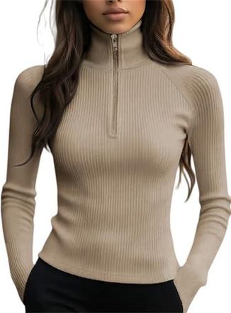 Generic Pull &agrave; col roul&eacute; c&ocirc;tel&eacute; pour femme - Couche de base thermique &agrave; manches longues - Tenue dautomne tendance, beige, XXL