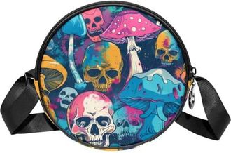 Generic Petit sac &agrave; bandouli&egrave;re circulaire pour femme, motif cr&acirc;nes, petit sac &agrave; dos &agrave; bandouli&egrave;re avec fermeture &eacute;clair, bretelles r&eacute;glables, sac &agrave; main rond