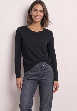 Street One Langarmshirt STREET ONE, Damen, Gr. 34, schwarz, Web, 50% Baumwolle, 50% Modal, unifarben, comfort fit normal, Rundhals, abgesteppt, Shirts Langarmshi