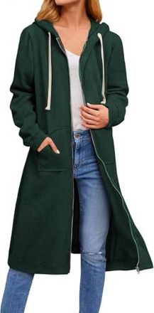 Generic Chandail à capuche long pour femme avec fermeture éclair, surdimensionné, décontracté, à manches longues, en polaire, veste tendance avec poche, vert 
