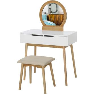 HOMCOM Homcom - Coiffeuse design scandinave table de maquillage avec miroir, 2 tiroirs et tabouret blanc pin clair