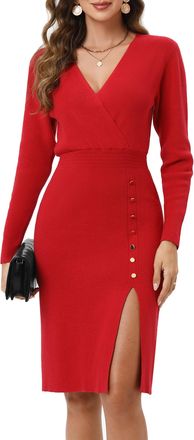 KOJOOIN Strickkleid Damen V Ausschnitt Langarm Pulloverkleid Elegant Wickelkleid Tunika Knielang Partykleid f&uuml;r Herbst Winter Weinrot XXL