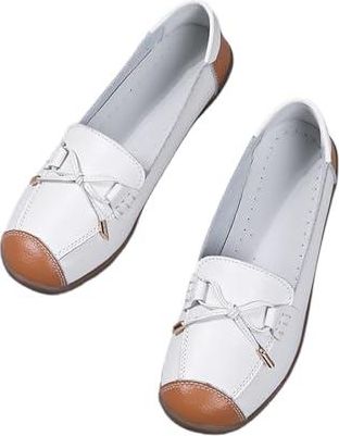 Generic Mocassins pour Femmes en Cuir à Bout Rond décontractés, à Lacets et noeud à la Mode, adaptés à la Conduite,Blanc,44 EU
