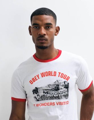 Obey t-shirt ringer &agrave; manches courtes graphique 7 wonders world blanc/rouge-Multi