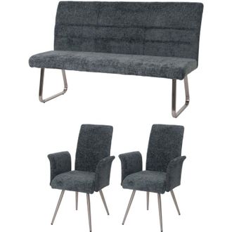Hhg Esszimmer-Set HHG-219, 2er-Set Stuhl mit Armlehne+Sitzbank 160cm, Edelstahl geb&uuml;rstet Stoff/Textil Chenille blau-gr&uuml;n