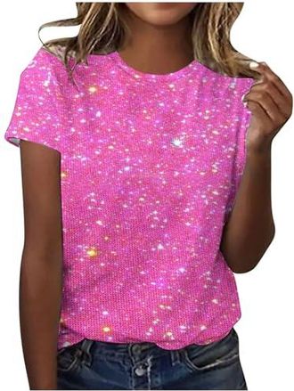 Generic Hauts pour femme - T-shirt d&eacute;t&eacute; d&eacute;contract&eacute; &agrave; manches courtes - &Eacute;l&eacute;gant - Brillant m&eacute;tallique - Paillettes - Imprim&eacute; disco - Col rond - Pour f&ecirc;te, str