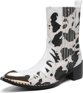 Generic Bottines Chelsea décontractées pour homme - Bottines de cowboy en cuir avec fermeture éclair et bout pointu pour fête, club de scène, blanc, 47 1/3 EU