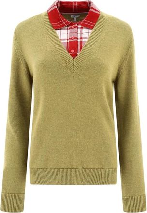 Loewe Femme, Pulls, Vert, Taille: 38 FR Pull &agrave; Col en V avec Sous-Couche &agrave; Carreaux