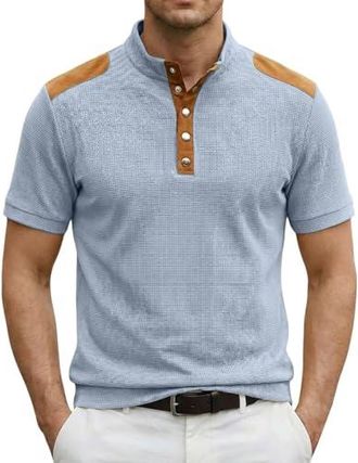 Generic Polo gaufr&eacute; en daim pour homme &agrave; manches courtes avec boutons - Style d&eacute;contract&eacute; - Couleur contrast&eacute;e - Col &agrave; revers - Ample - Doux - Extensible - Po