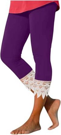 Generic Legging pour femme - Pantalon de sport non transparent - Couleur unie - Style d&eacute;contract&eacute; - En dentelle - Patchwork - Legging pour femme, violet, L