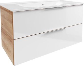 Fackelmann B.brillant Badm&ouml;belset 100cm - Ast Eiche - Glas Wei&szlig;